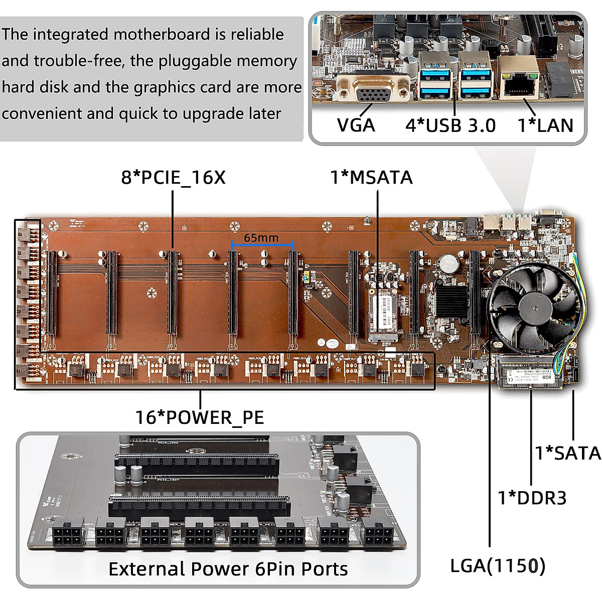 VTRETU Ethereum GPU Mining Rig with 8 GPU Mining Motherboard and 2000W Power Supply（110-264V） 8 Cooling Fans for Crypto Mining Rig Complete ETH Miner (Excluding GPU), black (V01)