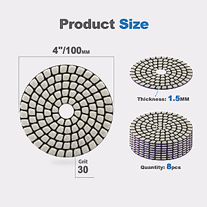 Dry Diamond Polishing Pads - 8pcs 4 inch #30 Sanding Pads Kit for Granite Marble Ceramic Used on Angle Grinder or Polisher