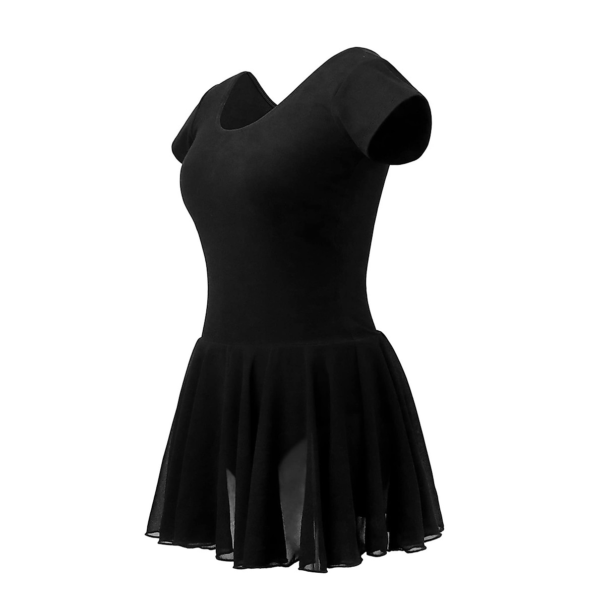 Phoeswan Skirted Dance Leotards, Women's Dance Skirt Black Cotton Short Sleeve Dance Dress for Ballet, Aerobics, Size X-Large