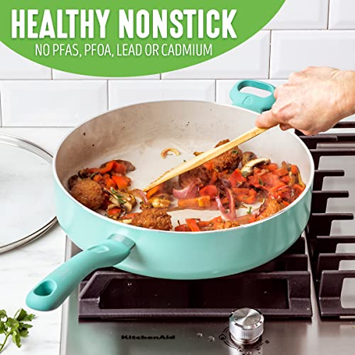 GreenLife Soft Grip Diamond Healthy Ceramic Nonstick, 5QT Saute Pan Jumbo Cooker with Helper Handle and Lid, PFAS-Free, Dishwasher Safe, Turquoise