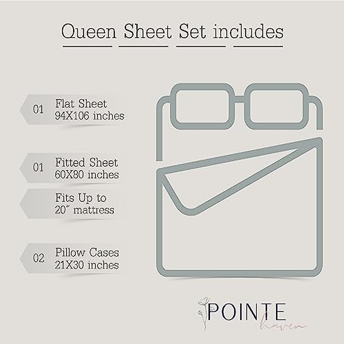 Pointehaven 620 Thread Count 100% Long Staple Cotton Deep Pocket Oversized Super Soft Sateen Sheet Set, Queen, Grey