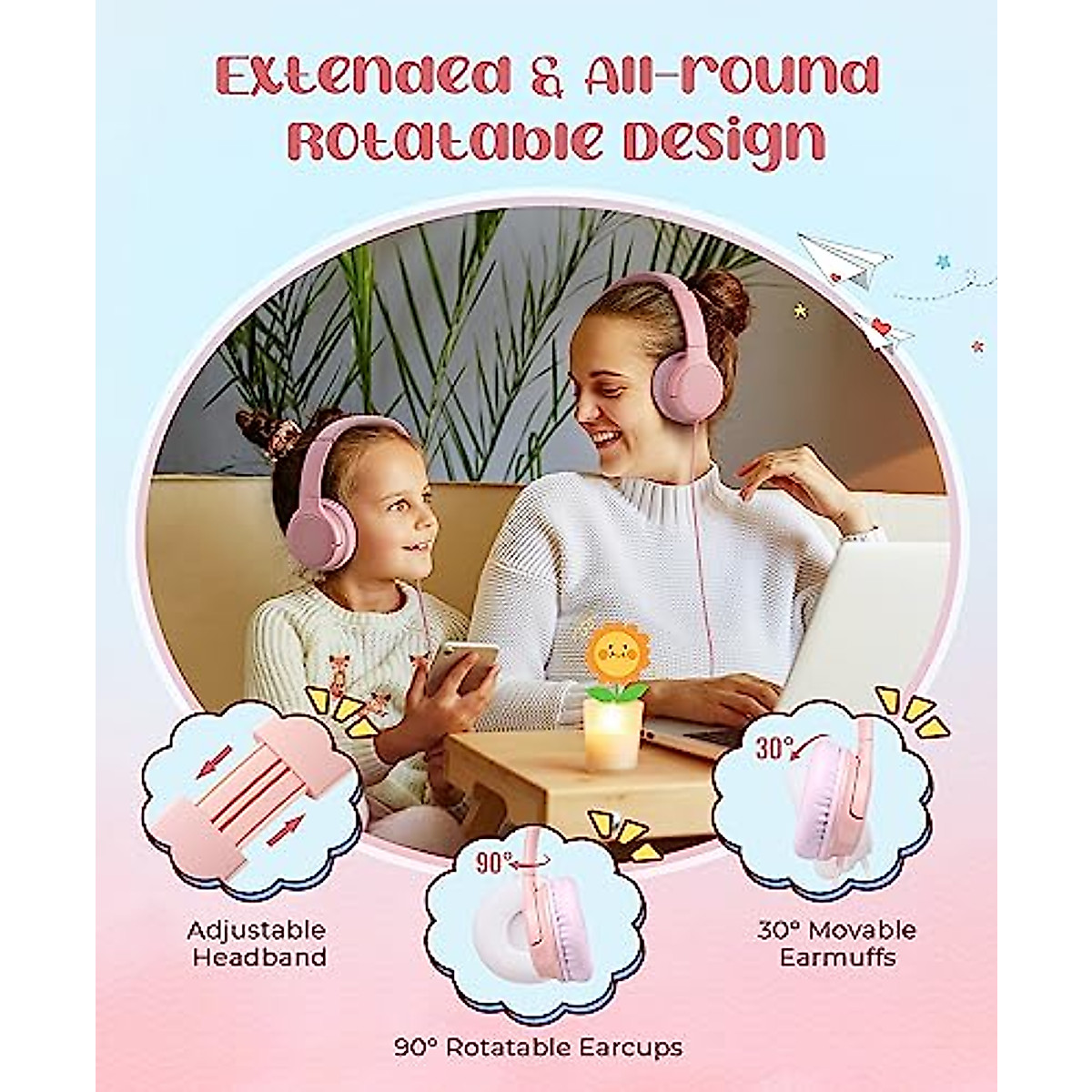 DyBaxa Kids Headphones, Wired Foldable On-Ear Headphones for Kids, Volume Limiter 94dB, Kid Headphones for School Classes Travel, 3.5mm Jack Kids Headset Compatible Smartphones Tablet, Pink