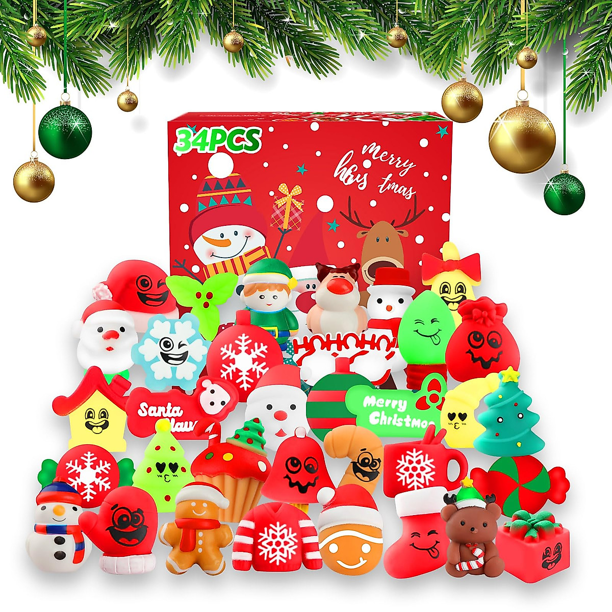 VNAMO Christmas Squishy Toys, 34 PCS Squishies Christmas Party Favors for Kids Boys Girls, Mochi Kawaii Squishy Stress Reliever Anxiety Toys, Classroom Prize Bulk Gifts for Christmas Treat Goody Bags