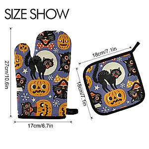 Oven Mitts and Pot Holders Set High Insulated Oven Gloves with Heat Insulation Pad Cat and Halloween Pumpkins Soft Cotton Lining and Non-Slip Surface Kitchen Mitten for Safe BBQ Cooking Baking