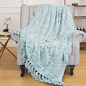 Bytide Multicolored Chenille Knitted Throw Soft Cozy Fluffy Reversible Boho Plaid Throw Blanket with Tassels for Couch Chair Bed Cover Living Room Bedroom Décor, 50" x 60", Light Blue