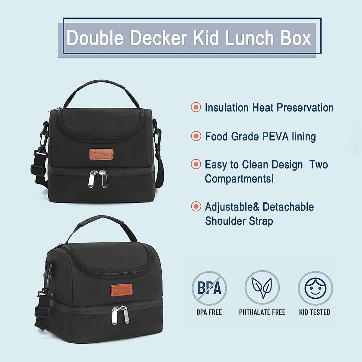 Femuar Kid Lunch Bag For Boys &Girl, Children Insulated Lunch Box Dual Compartments Small Lunch Cooler Bag , School,Travel, Gift, Black