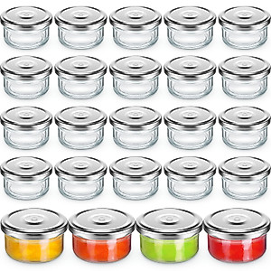 Sabary 24 Pcs 2.5 oz Salad Dressing Container Reusable Glass Condiment Containers with Lids Glass Food Storage Containers Small Glass Jars Sauce Containers for Lunch Box Picnic Travel, Silver Lids