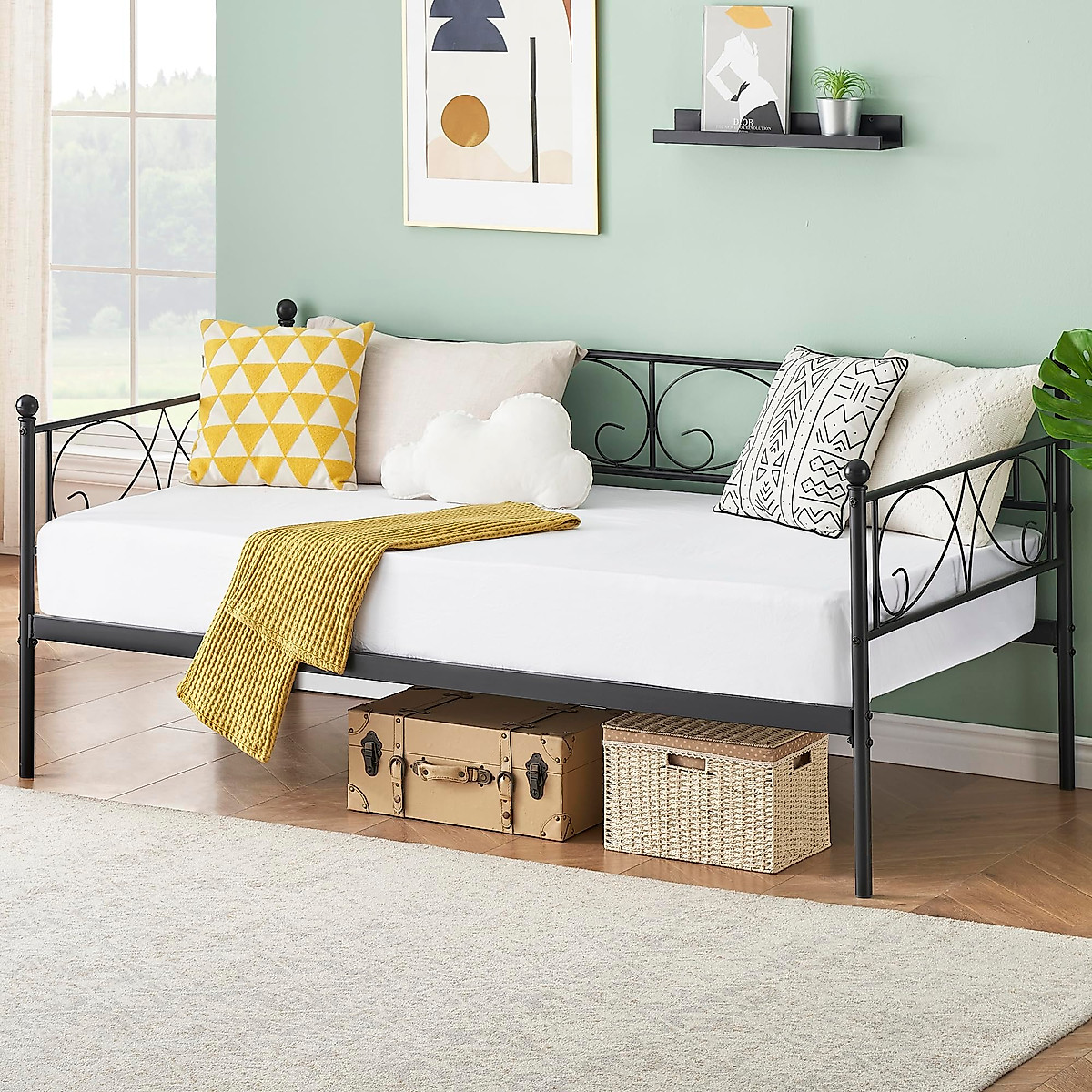 Amyove Twin Daybed Frame with Stylish Headboard, Metal Sofa Single Bed Frame with Metal Slat Support, No Box Spring Needed, Multifunctional Platform Bed for Bedroom Living Room Guest Room, Black
