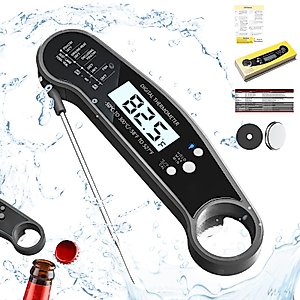 LPONJAR Digital Meat Thermometer, Instant Read Food Thermometer for Grilling, BBQ, Cooking, Baking, Liquids - Foldable Probe, Bottle Opener, IP67 Waterproof, Backlight, Magnet, and Calibration