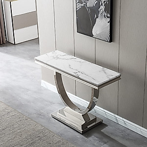 Modern Marble Console Table, Rectangular White and Silver Marble Sofa Table with U-Shape Stainless Steel Base with Silver Mirrored Finish for Living Room, Simple Assembly (Silver2)