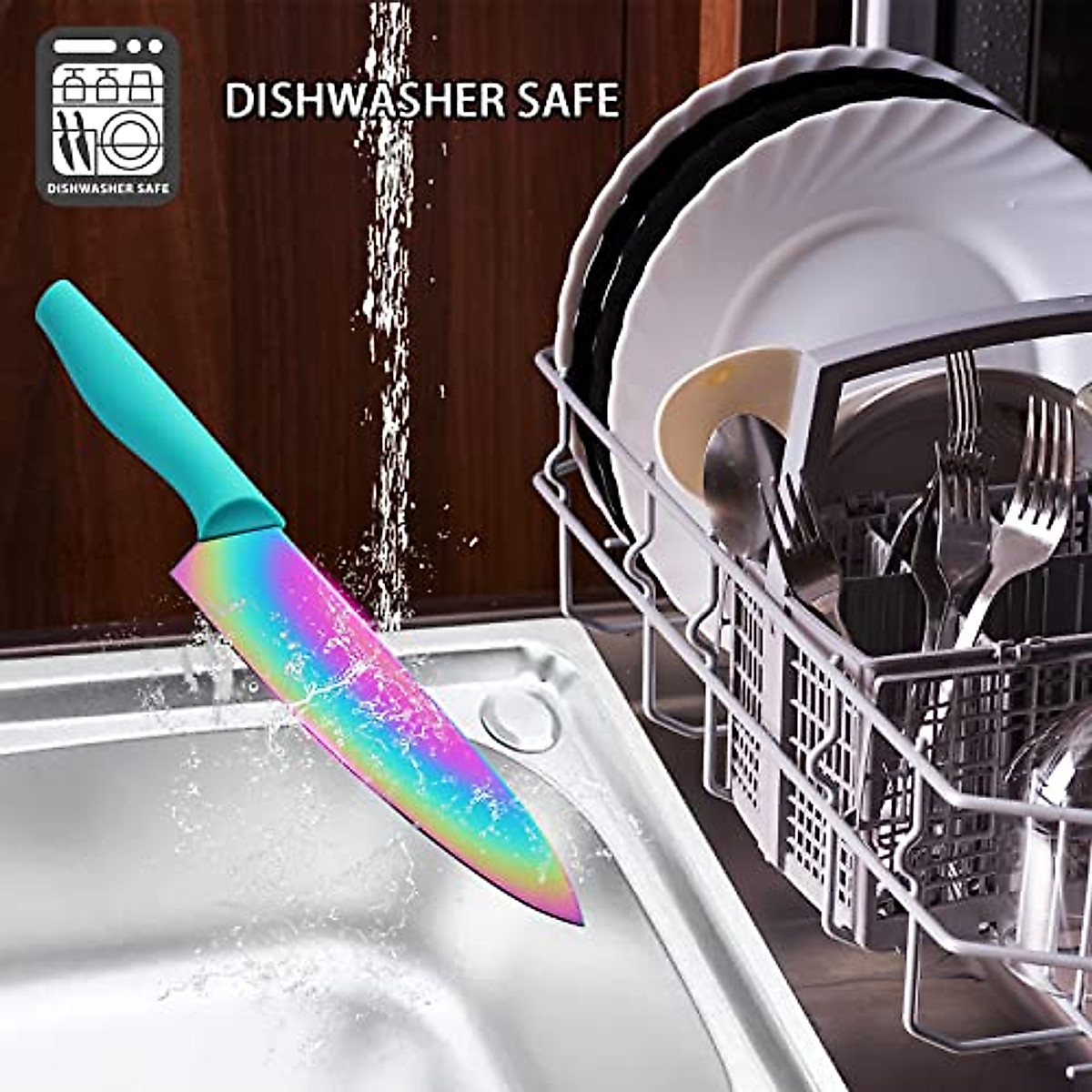 DISHWASHER SAFE Knife Set, Marco Almond®14PC Rainbow Titanium Kitchen Knife Set, KYA27 Knives sets for Kitchen with Block, Teal