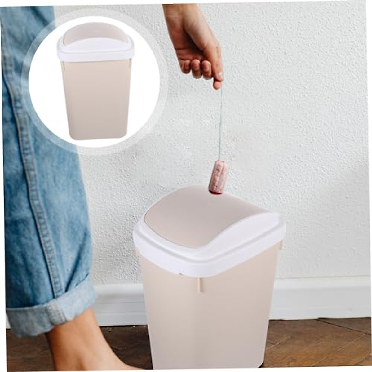HOMOCONO Household Flip Trash Can Waste Bin for Bedroom Large Lidded Buckets Dustbin Lid Trash Bucket Trash Bin with Lid Bedside Trash Bin Pantry Clear Pp Beige