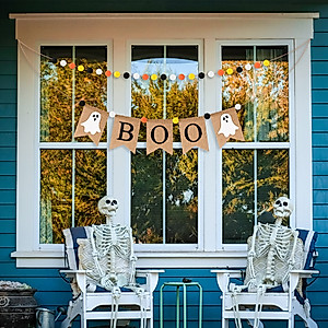 WATINC 2pcs Halloween Scary Boo Burlap Banner Ghost Pom Pom Garland Set, Happy Halloween Felt Ball Banner Hanging Decorations Thanksgiving Carnival Holiday Party Hang Bunting Decor for Home Wall