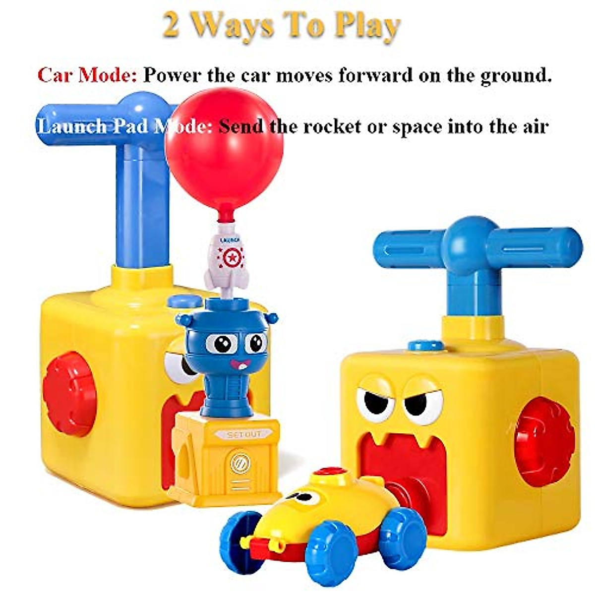 NEXTAKE Balloon Powered Car Inertial Power Vhicle Balloon Power Racer Launcher Rocket Spaceman Educational Scientific Experiment Toy Vehicle Toy for Kids with 12 Balloons (with Yellow Launch Pad)