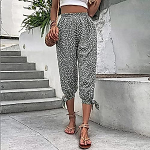 DUOWEI Women Pants for Work Casual Womens Flower Prinnted Linen Capri Pants Elastic Waist High Waist Work Pants for Women Green