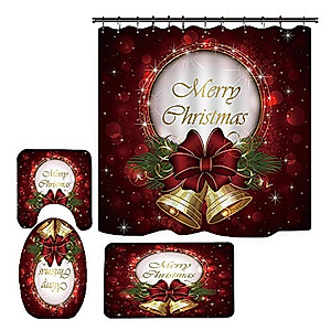 4Pcs/Set Christmas Shower Curtain Waterproof Polyester Bath Curtain Non-Slip Pedestal Rugs Toilet Lid Cover and Bath Mat Set with 12 Hooks Home Bathroom Decor Xmas