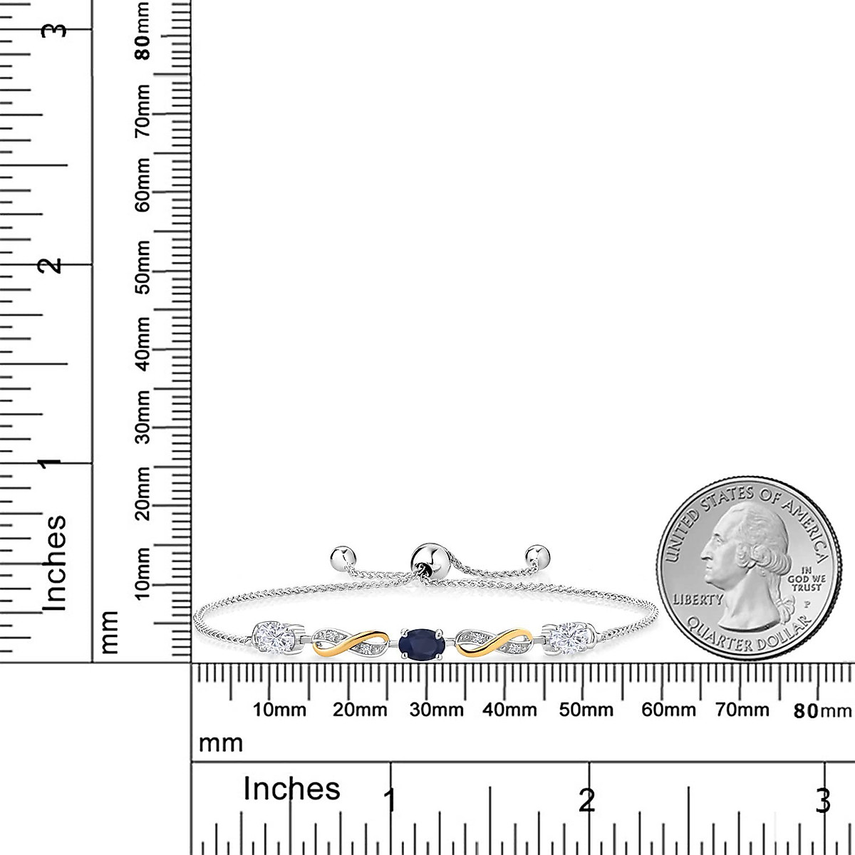 Gem Stone King 2 Tone 925 Sterling Silver and 10K Yellow Gold Blue Sapphire White Moissanite and Lab Grown Diamond Tennis Bracelet For Women (1.59 Cttw, Fully Adjustable Up to 9 Inch)