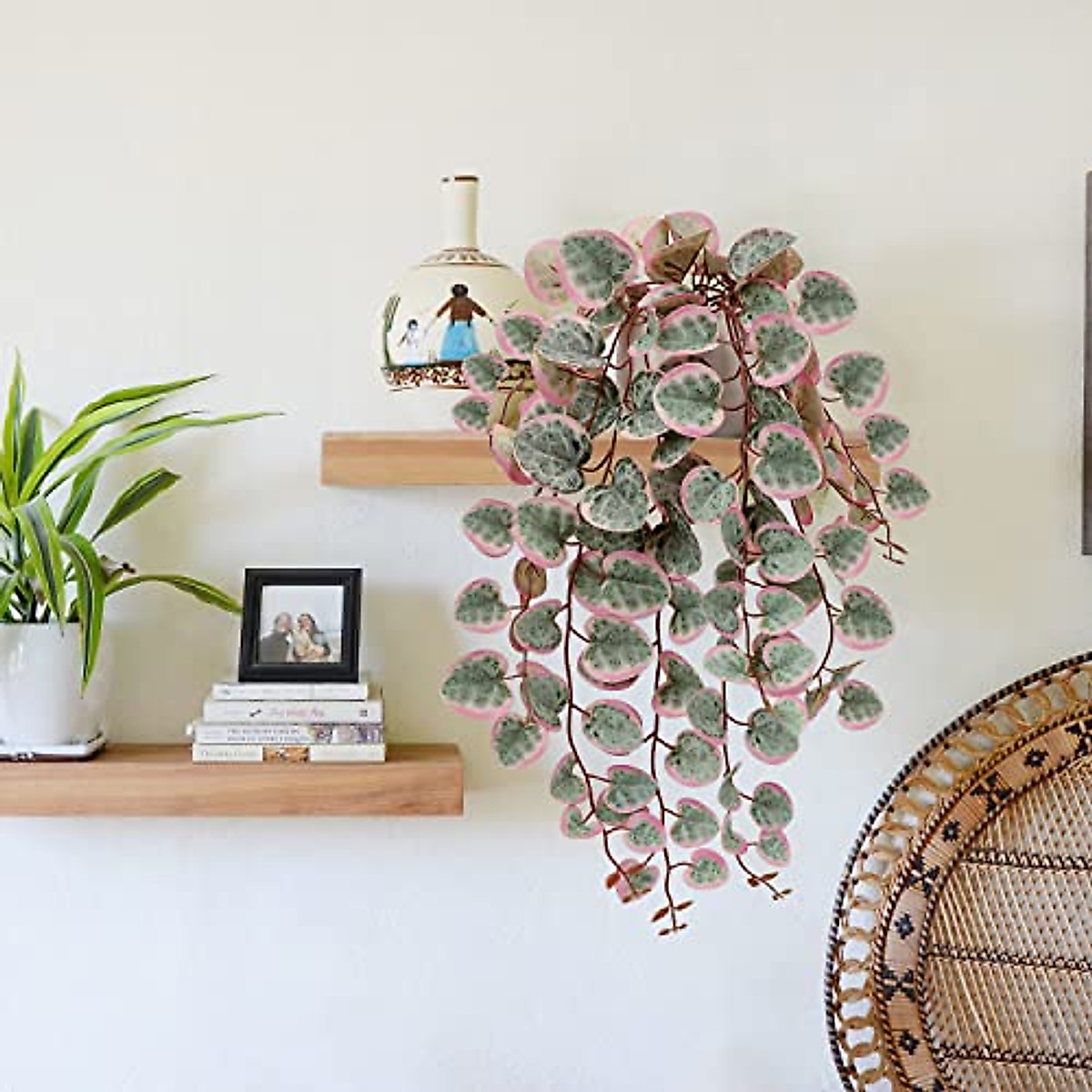Briful Fake Plants 16'' Artificial String of Hearts Plants with Ceramic Pot Faux Pink White Ceropegia Woodii Succulent Plant for Home Bedroom Table Shelf Office Hotel Decor