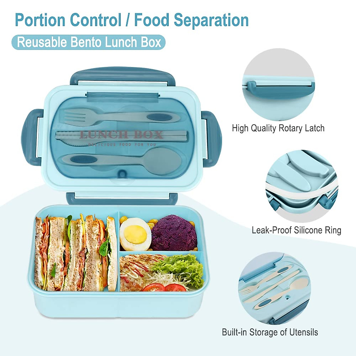 NatraProw Bento Box for Adult, 1200 ML Lunch Containers, LeakProof Lunch Box with Utensils, BPA Free, 3 Compartment Bento Box Microwave Safe, Blue