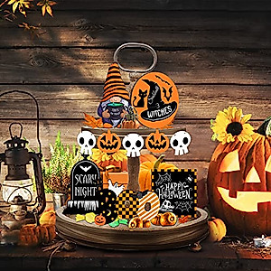 10 Pcs Halloween Tiered Tray Decorations Halloween Wooden Signs Decor with Boo Witch Hat, Cute Gnomes, Smiley Pumpkin, Haunted House Party Wooden Decor for Halloween Farmhouse Home Table Decor