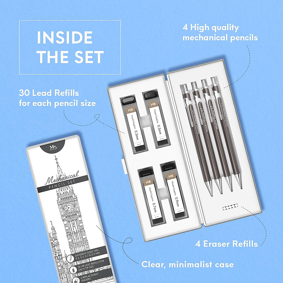 MozArt Mechanical Pencil Set with Case - 4 Sizes: 0.3, 0.5, 0.7 & 0.9mm with 30 HB Lead Refills Each & 4 Eraser Refills - Sketching, Architecture, Drawing Mechanical Pencils, Metal Mechanical Pencil