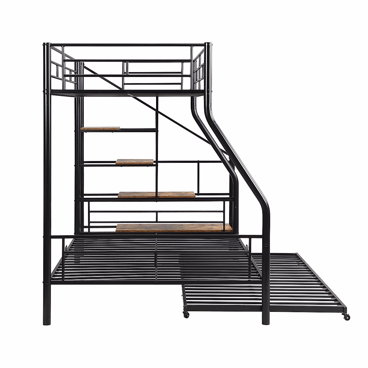 Jintop Twin Over Full Size Metal Bunk Bed with Trundle and Storage Staircase,Bedroom Heavy Duty Bed Frame W/Full-Length Guardrail,Save Space,for Kid Boy Girl Adult,Black