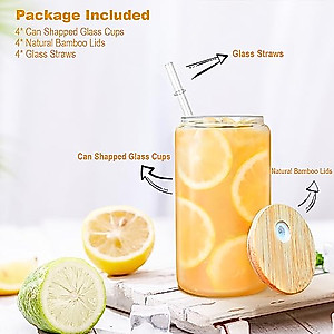 Nukeekee Drinking Glasses with Bamboo Lids and Glass Straw 4pcs Set - 16oz Can Shaped Glass Cups, Beer Glasses, Iced Coffee Glasses, Cute Tumbler Cup, Ideal for Cocktail, Whiskey, Gift