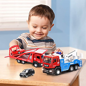 Winrayk 4Pcs Tow Truck Toys with Mini Toy Cars Set Pull Back Cars with Lights and Sound Trailer Transporter Vehicles Truck Toy, 1:50 Scale Metal Diecast Toy Trucks for Boys Girls 3 4 5 6 7 8 Years Old