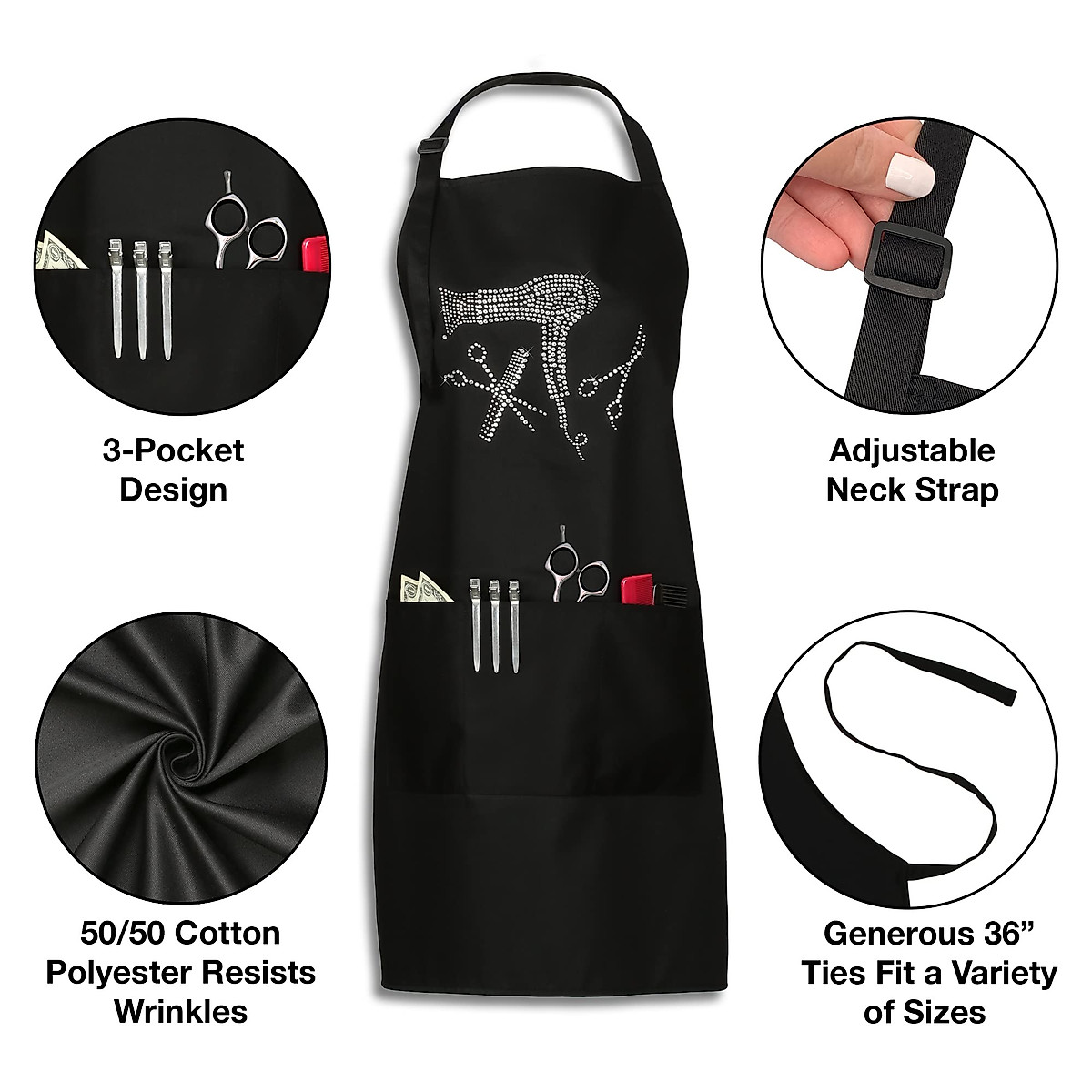 Plum Hill Hair Stylist Apron with Rhinestones - Salon Aprons for Hairdresser and Cosmetology - 3 Pockets, Long Ties, Black