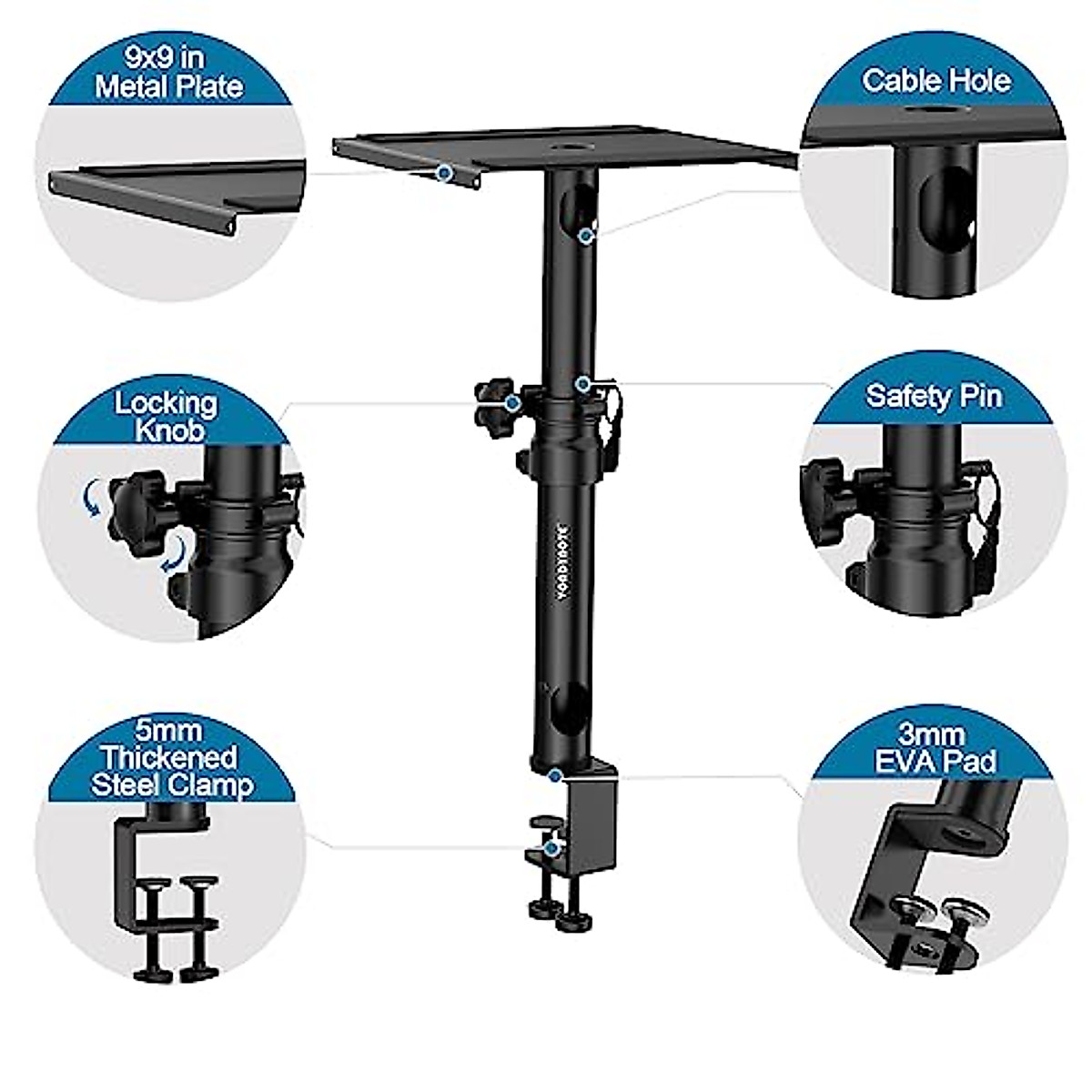 Vondynote Set of 2 Studio Monitor Stands Desktop Clamp Speaker Stands Bookshelf Speaker Stands with Cable Management