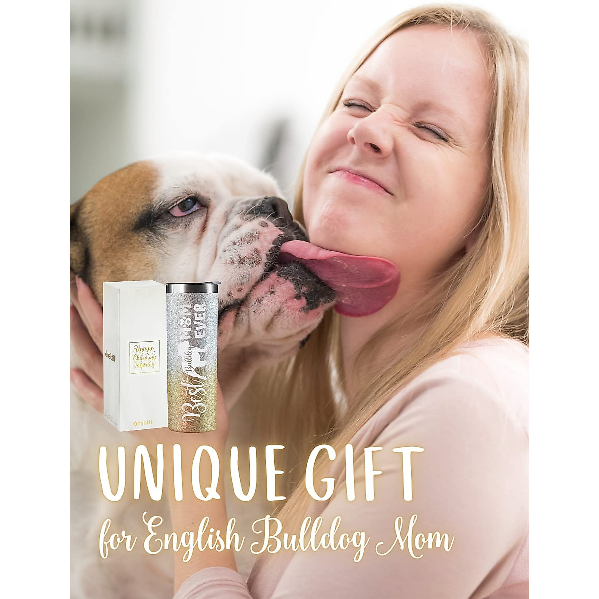 Onebttl English Bulldog Gifts for Women, British Bulldog Lovers, 20 oz Glitter Silver-Gold Insulated Tumbler - Best English Bulldog Mom Ever