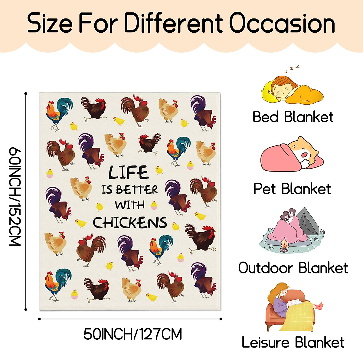 Chicken Blanket Rooster Flannel Throw Blanket 60"x50" Fall Blanket for Adult and Kids Decorative Blankets Funny Soft Cozy Blanket