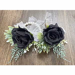 Rikyo Rose Wrist Corsage Wristlet Band Bracelet and Men Boutonniere Set, Corsage for Prom,Bride Hand Flower Flowers Ceremony,Wedding Party Prom Decor,DIY Petals Hair Hat Wreath (Black)