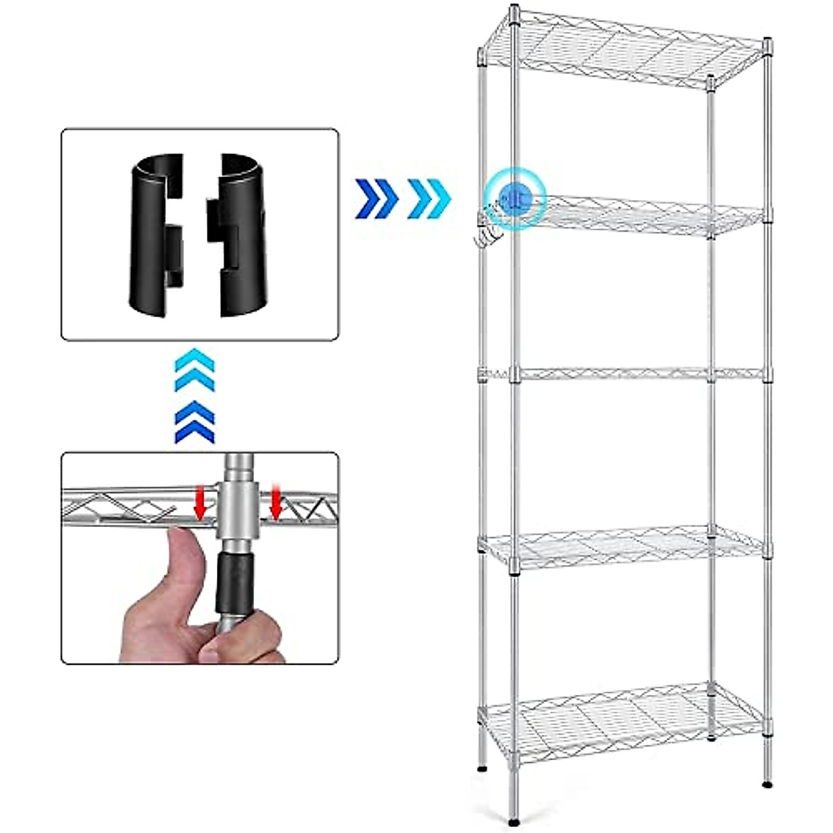 5-Shelf Shelving Units and Storage Heavy Duty, Wire Adjustable Shelf Utility Commercial Steel Organizer, Metal Shelves Wire Rack with 4 Hooks for Kitchen Bathroom Office and Garage, Set of 2 (Silver)