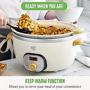 GreenLife 6 Quart Ceramic Slow Cooker, PFAS-Free, Programmable, Removable Healthy Nonstick Pot for Family Meals, Sear on Stovetop, Keep Warm, Digital Timer, Dishwasher Safe Glass Lid & Crock, Cream