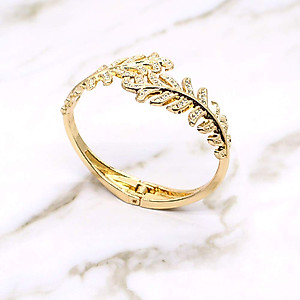 Sparkly Rhinestone Leaf Hinge Bangle Bridal Wedding Statement Bracelet Crystal Adjustable Cuff Bracelets Gold Platinum Tone Women Lover Gifts