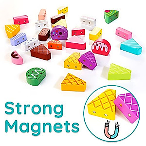 HELLOWOOD Wooden Ice Cream Truck, 28 pcs Magnetic Ice Cream Sweet Treats Pretend Play Food & Accessories, Montessori Sorting & Stacking Toys for Toddler Girls & Boys Age 2-5