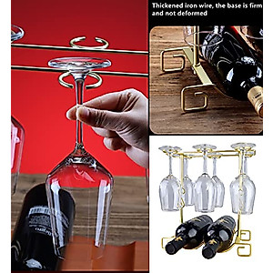 Homya Wine Glass Holder, Freestanding Table Top Goblets Metal Storage Rack for 2 Bottles with 6 Hooks Kitchen Glass Accessories, Gold
