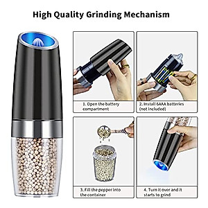 EasyCom Gravity Electric Salt and Pepper Grinder Set, Battery Powered with LED Light, Adjustable Coarseness, One Hand Automatic Pepper Mill Grinder for Kitchen and BBQ, 2 Pack, Black