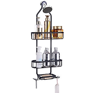 YCOCO Hanging Shower Caddy,Shower Caddy Over Shower Head,Rustproof Shower Organizer with Hooks for Razor and Soap Holder,Bathroom Shower Shelf,Black