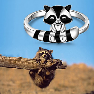 Raccoon Ring for Women Sterling Silver Love Hug Cute Promise Rings Fun Animal Wrap Thumb Finger Raccoon Jewelry Raccoons Christmas Mothers Day Gifts Size 8