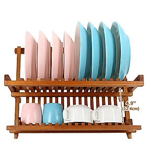 Utoplike Teak Dish Drainer Rack Collapsible 2 Tier Dish Rack Dish Drying Rack Foldable Plate Organizer Holder for Kitchen Compact
