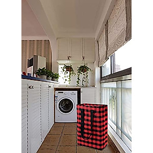 Collapsible Laundry Hamper Basket Freestanding Storage Basket Tall Slim Dirty Clothes Hamper with Detachable Brackets, Red Black Grid, Medium