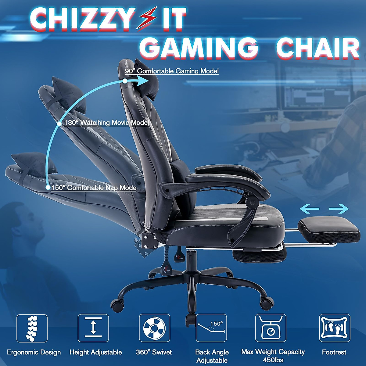 Computer Gaming Chair with Footrest,Big and Tall Gaming Chair for Heavy People,Comfortable Gaming Chair with Lumbar Support and Headrest for Adults 450lbs