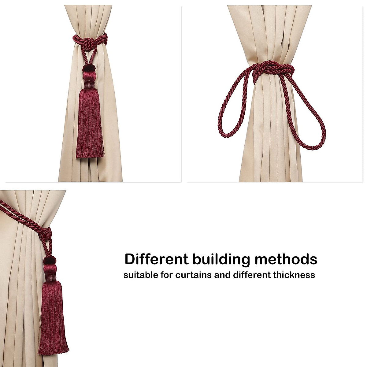 MALOINTEX 2 Pack Curtain Beaded Tassels Tiebacks Tie-Backs, Curtain Handmade Holdbacks, Polyester Beaded Curtain Tieback - Burgandy