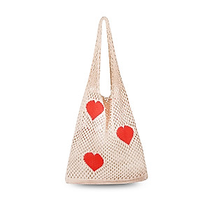 Arcimatto Crochet Tote Bag, Women Summer Aesthetic Mesh Beach Bags, Girls Hobo Bags Y2k Purse Fairy Grunge Accessories (Beige 3 Hearts)