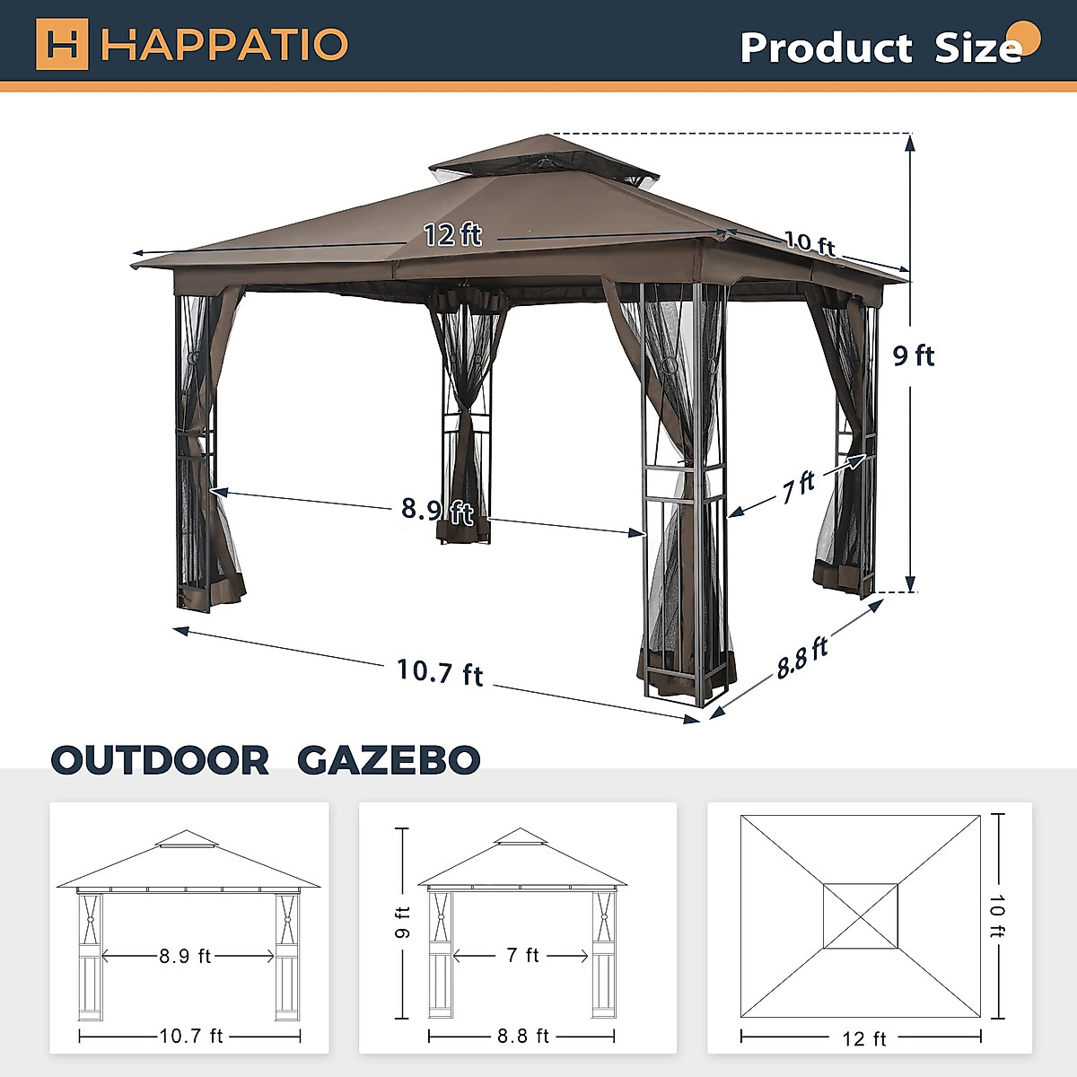 HAPPATIO 10' X 12' Patio Gazebo with Ventilation Double Roof, Outdoor Gazebo with Mosquito Netting for Lawn, Garden (Dark Brown)