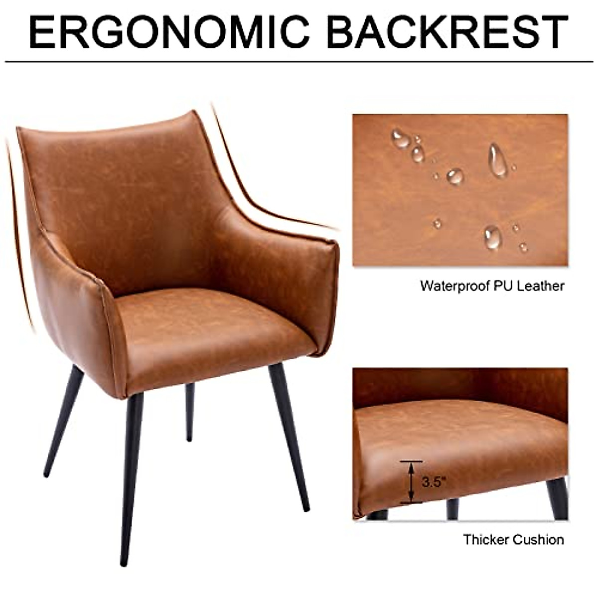 ZSARTS Brown Leather Dining Chair Modern Accent Chair Armchair Comfy Upholstered Living Room Chair Side Chair Desk Chair with Metal Legs for Kitchen Bedroom Small Corner,Brown
