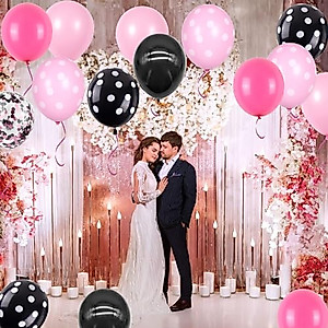 Black Pink Balloons, 60 Pack 12Inch Hot Pink Black White Party Balloons with Polka Dot balloon Confetti Balloons, Black Pink Latex Balloons for Girls Mouse Theme Birthday Party Baby Shower Decoration