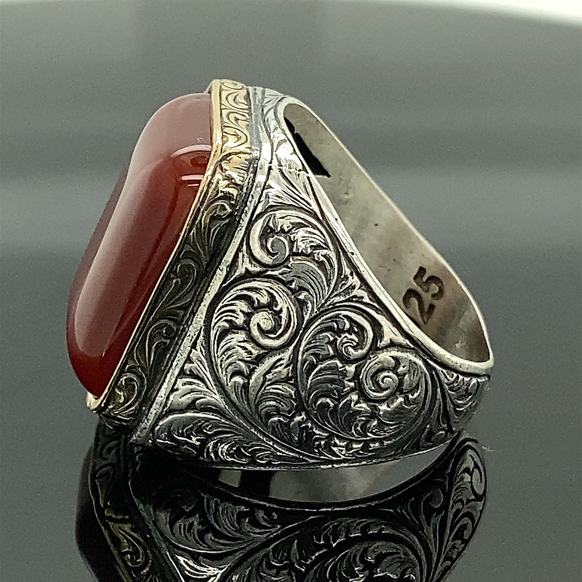 Men Handmade Ring, Red Agate Ring, Dark Aqeeq Gemstone Ring, Ottoman Style Ring, 925k Sterling Silver, Gift For Him
